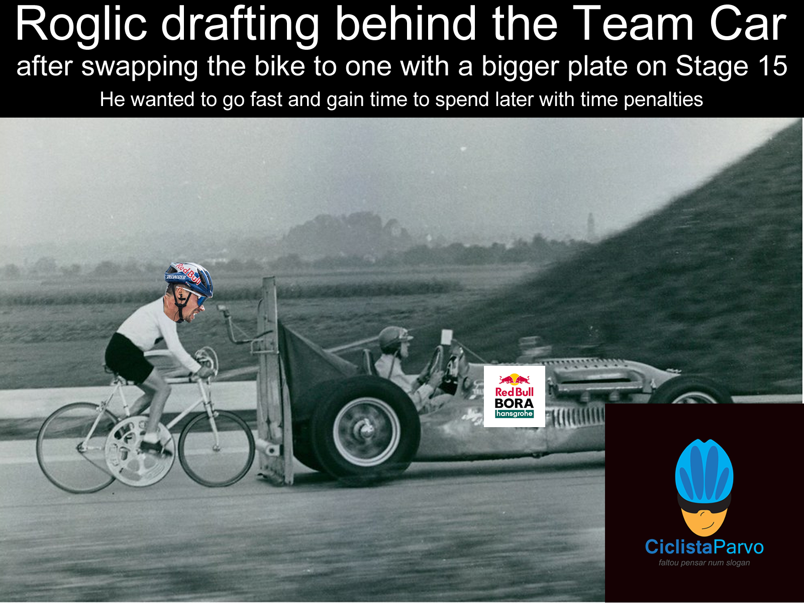 Roglic drafting behind the Team Car after swapping the bike to one with ...